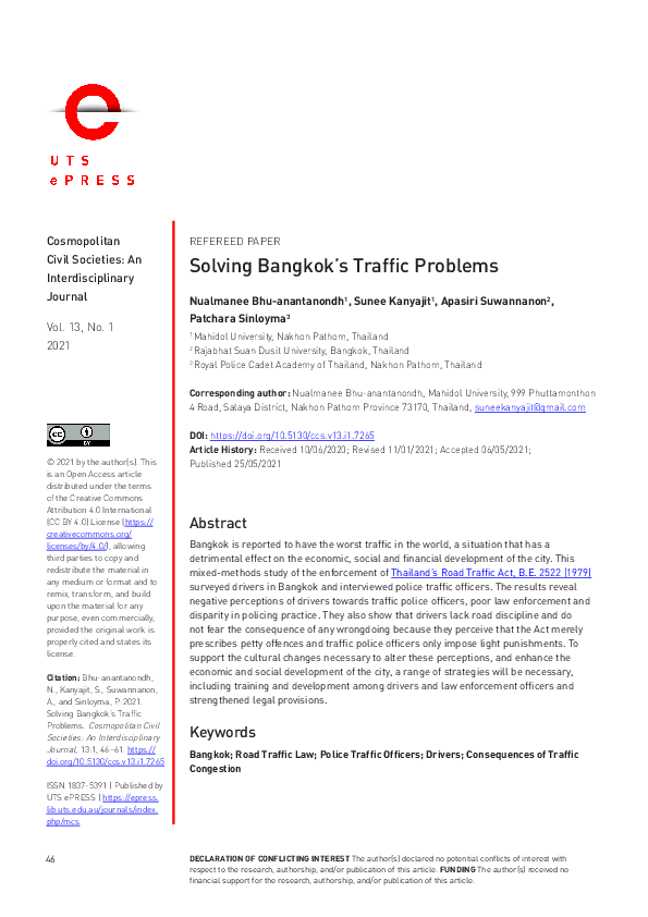 (PDF) Solving Bangkok’s Traffic Problems | Apasiri Suwannanon ...