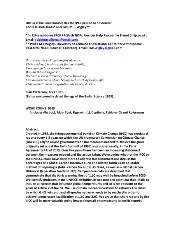 (PDF) Hiatus in the Greenhouse: Has the IPCC helped or hindered? Robin ...