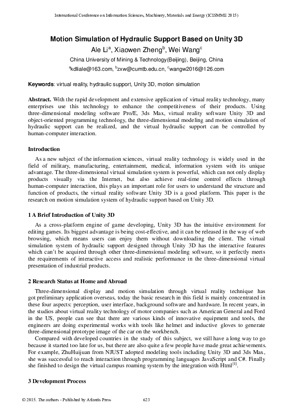 (PDF) Motion Simulation of Hydraulic Support Based on Unity 3D