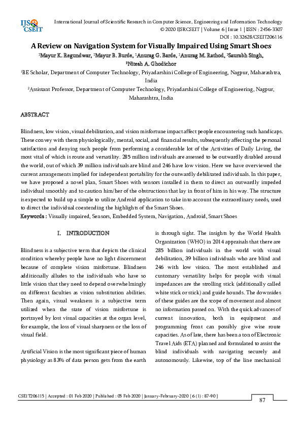 (PDF) A Review on Navigation System for Visually Impaired Using Smart Shoes