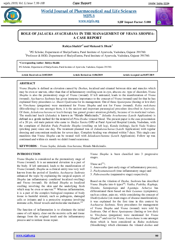 (PDF) Jalauka Avacharana for Treating Vrana Shopha: A Case Study