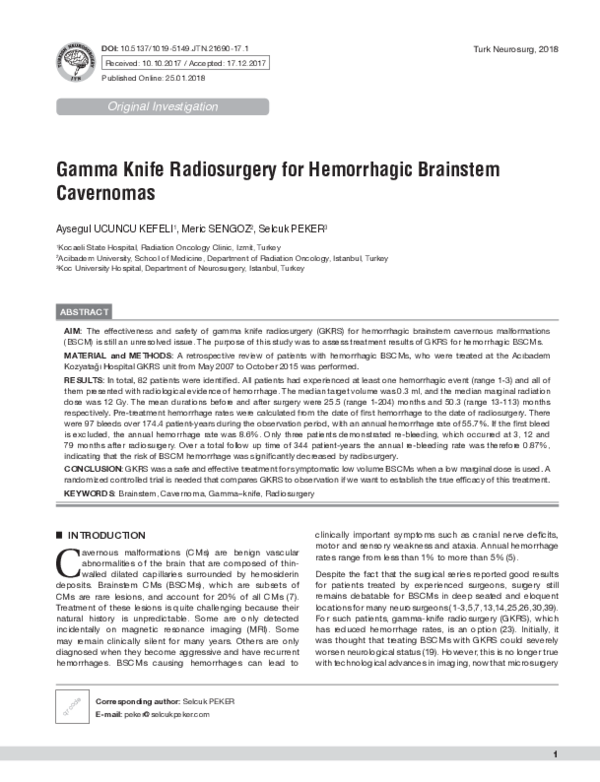 (PDF) Gamma knife radiosurgery for hemorrhagic brainstem cavernomas