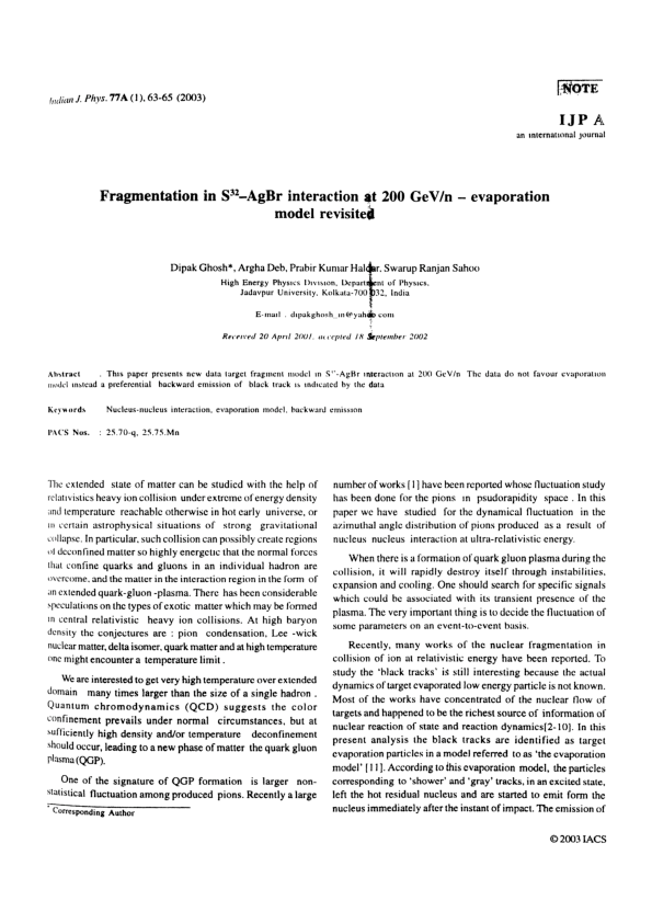 (PDF) Fragmentation in S32-AgBr interaction at 200 GeV/n: evaporation model revisited | Argha ...