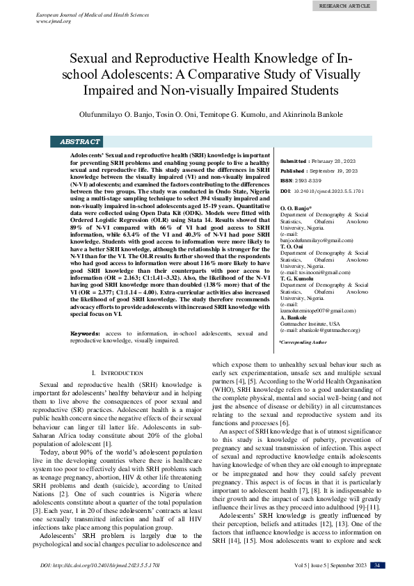 (PDF) Sexual and Reproductive Health Knowledge of In-school Adolescents: A Comparative Study of ...