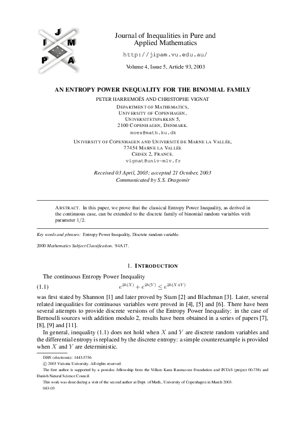 (PDF) An Entropy Power Inequality for the binomial family