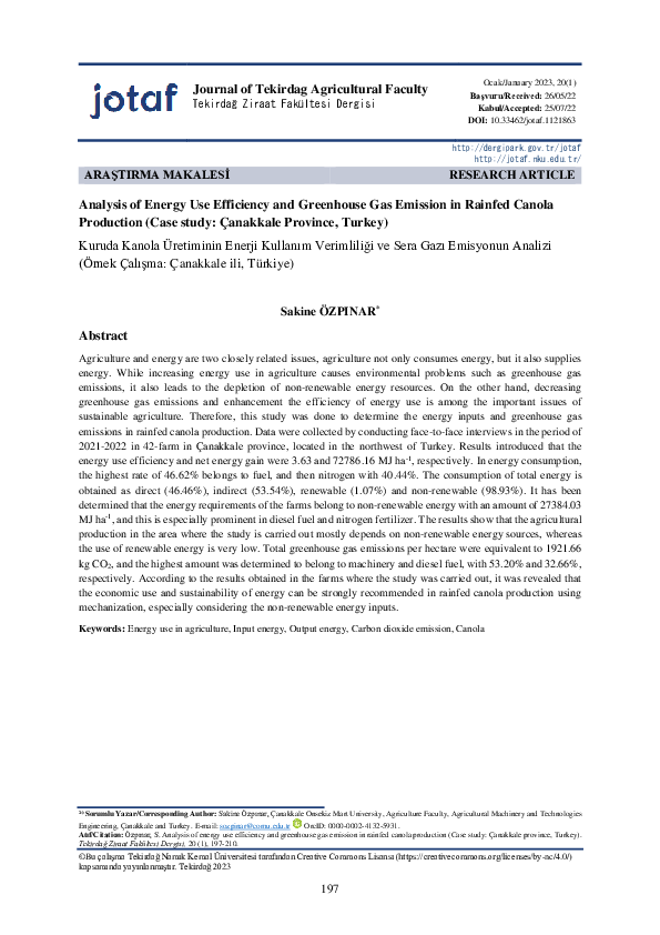 (PDF) Analysis of Energy Use Efficiency and Greenhouse Gas Emission in Rainfed Canola Production ...