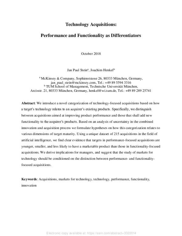 (PDF) Technology Acquisitions: Performance and Functionality as Differentiators