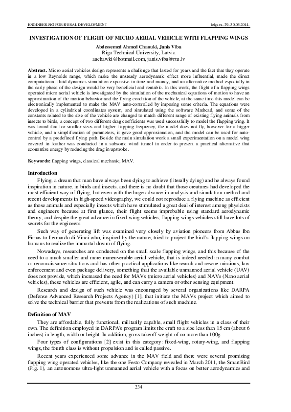 (PDF) Investigation of Flight of Micro Aerial Vehicle with Flapping Wings