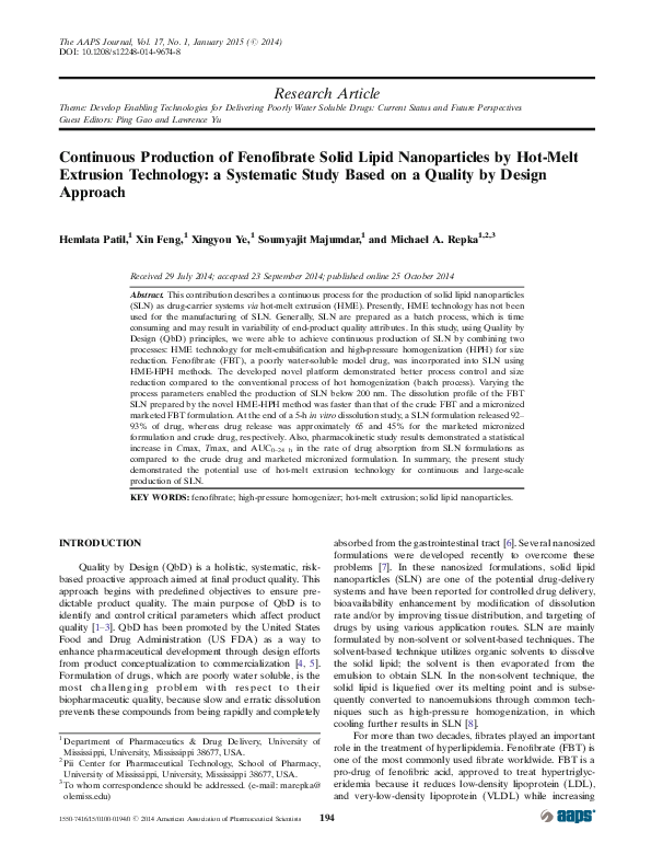 (PDF) Continuous production of fenofibrate solid lipid nanoparticles by hot-melt extrusion ...