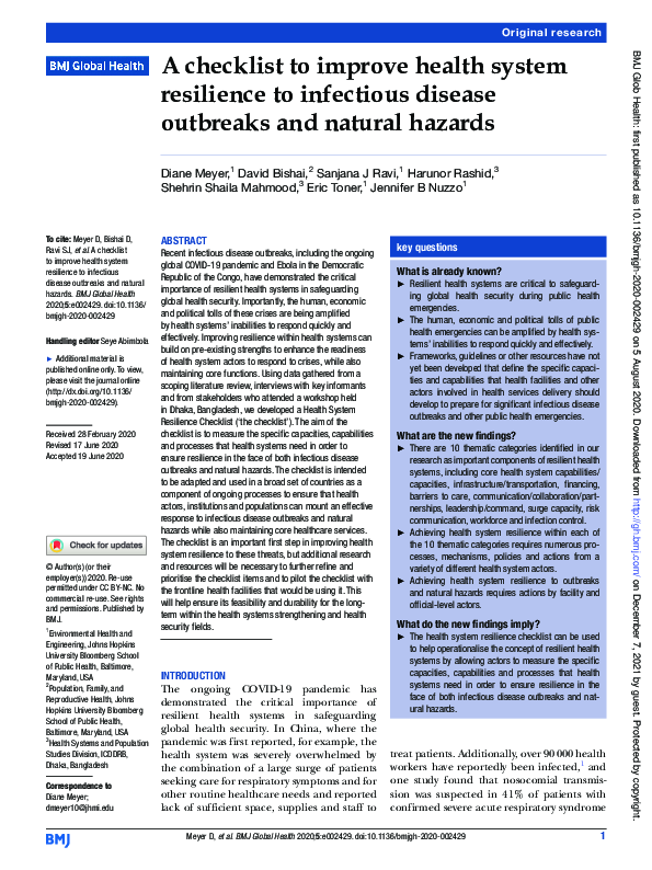 (PDF) A checklist to improve health system resilience to infectious ...
