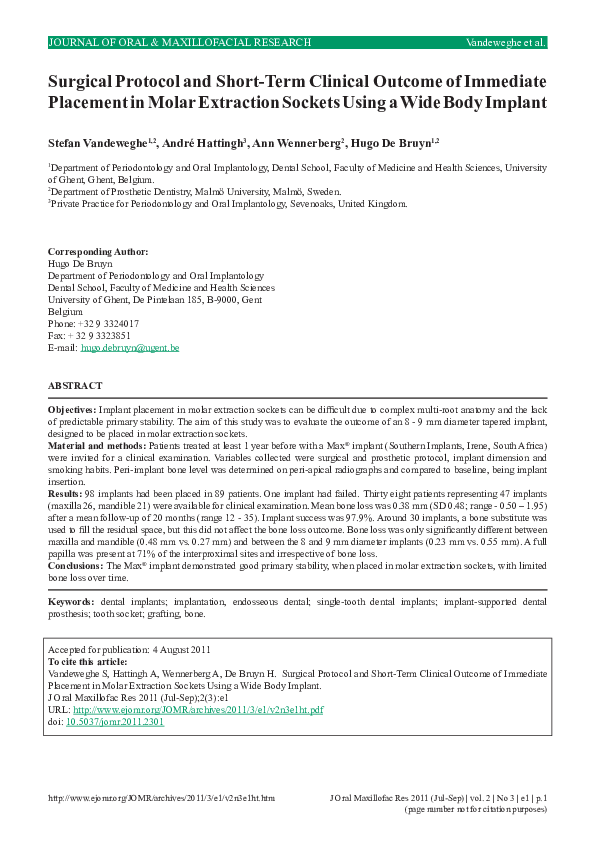 (PDF) Surgical protocol and short-term clinical outcome of immediate placement in molar ...