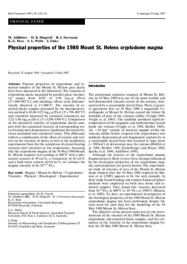 (PDF) Viscosity Measurements of 1980 Mt. St. Helens Magma