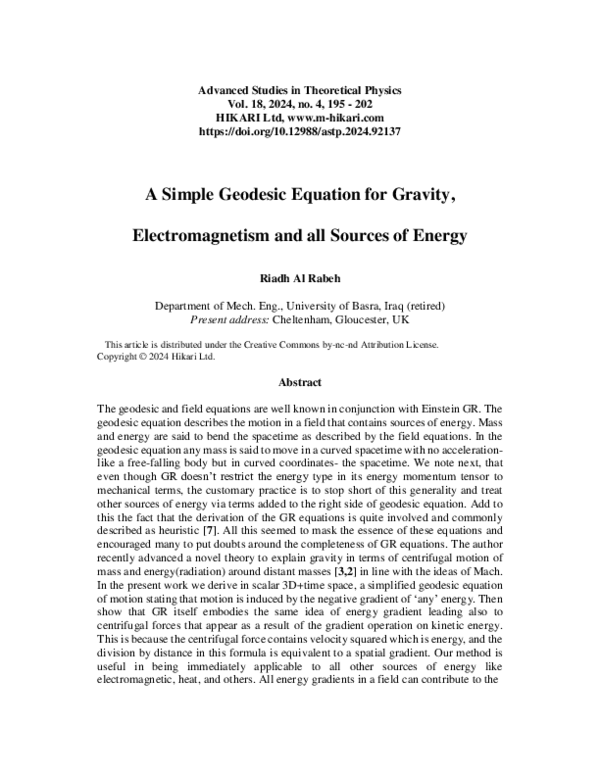 (PDF) A Simple Geodesic Equation for Gravity, Electromagnetism and all ...