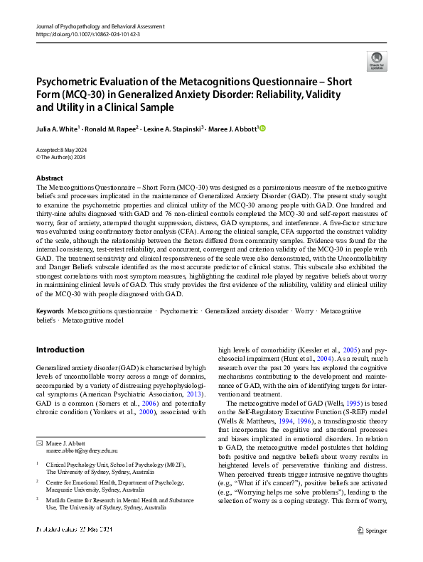 Pdf Psychometric Evaluation Of The Metacognitions Questionnaire Short Form Mcq 30 In