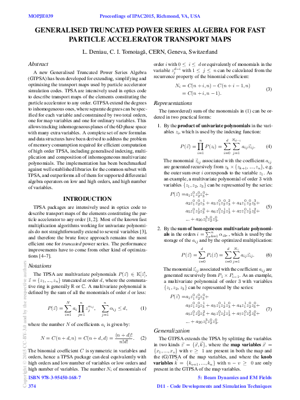 Pdf Generalised Truncated Power Series Algebra For Fast Particle Accelerator Transport Maps