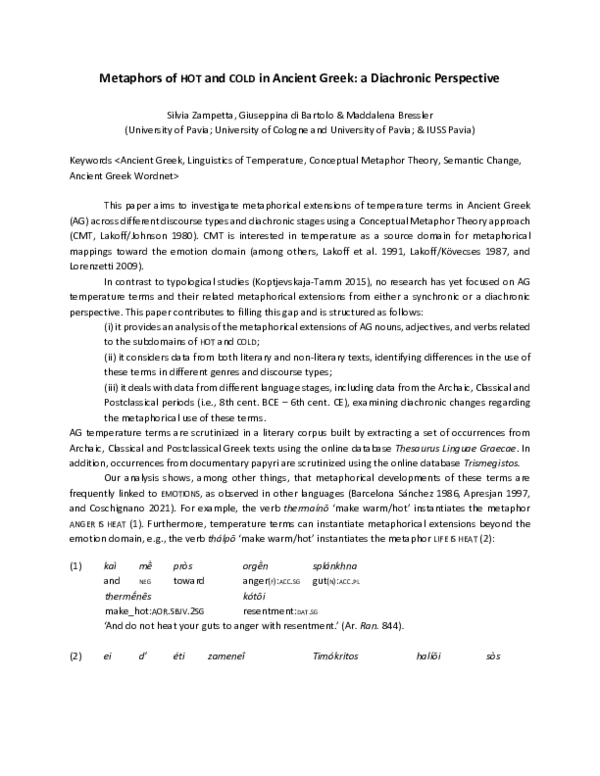 (PDF) Metaphors of HOT and COLD in Ancient Greek: a Diachronic Perspective