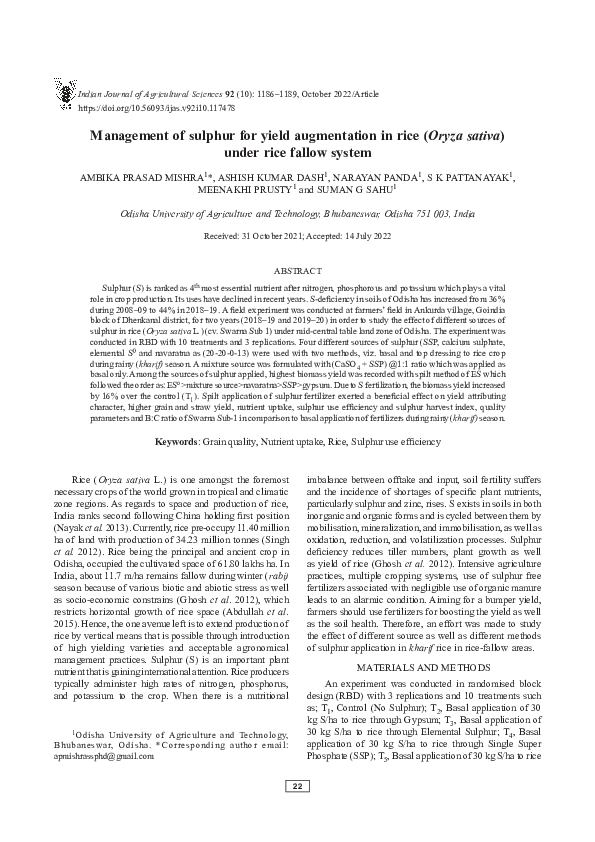 (PDF) Management of sulphur for yield augmentation in rice (Oryza ...