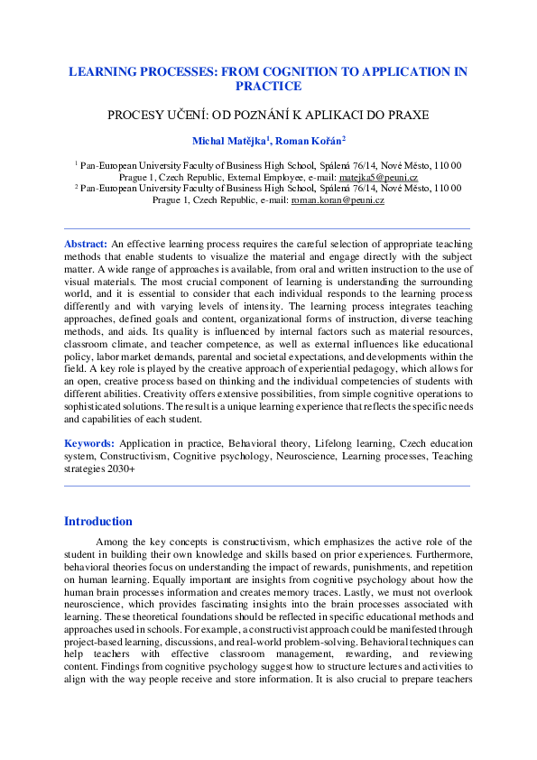 (PDF) LEARNING PROCESSES: FROM COGNITION TO APPLICATION IN PRACTICE PROCESY UČENÍ: OD POZNÁNÍ K ...