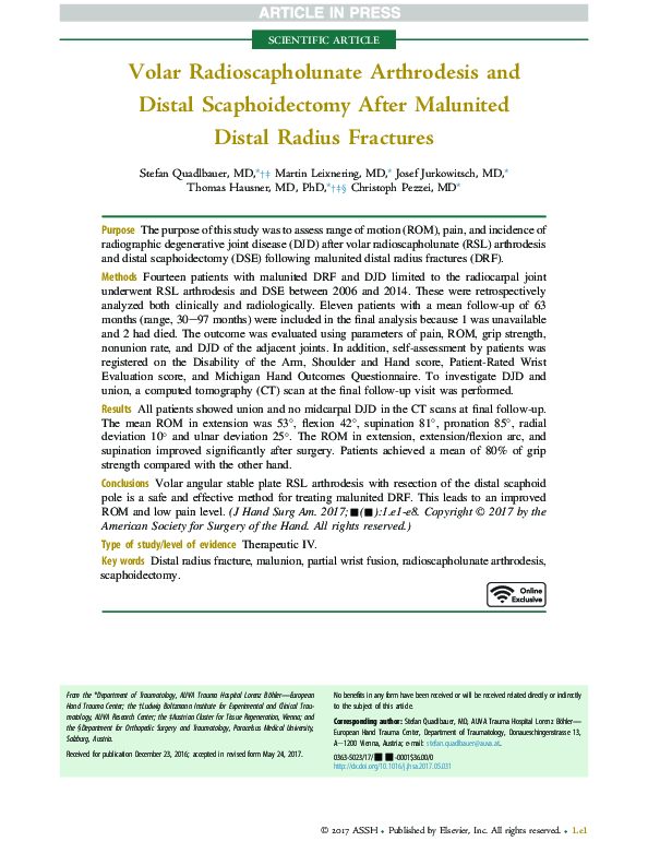 (PDF) Volar Radioscapholunate Arthrodesis and Distal Scaphoidectomy ...
