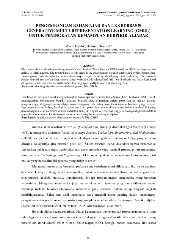 (PDF) Pengembangan Bahan Ajar dan LKS Berbasis Generative Multi-Representation Learning (GMRL ...