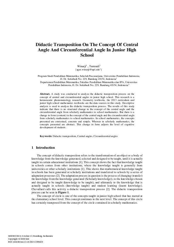(PDF) Didactic Transposition On The Concept Of Central Angle And Circumferential Angle In Junior ...