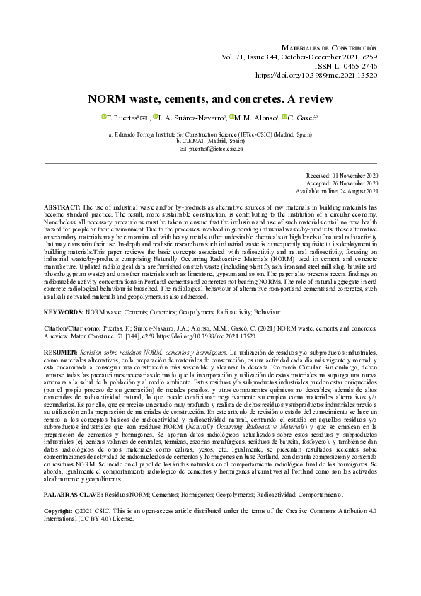 (PDF) NORM waste, cements, and concretes. A review