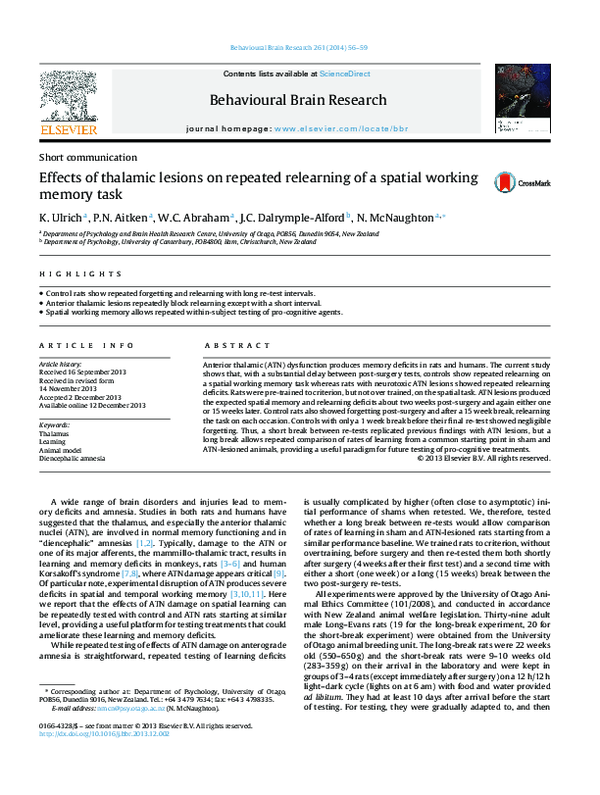 (PDF) Effects of thalamic lesions on repeated relearning of a spatial working memory task | K ...
