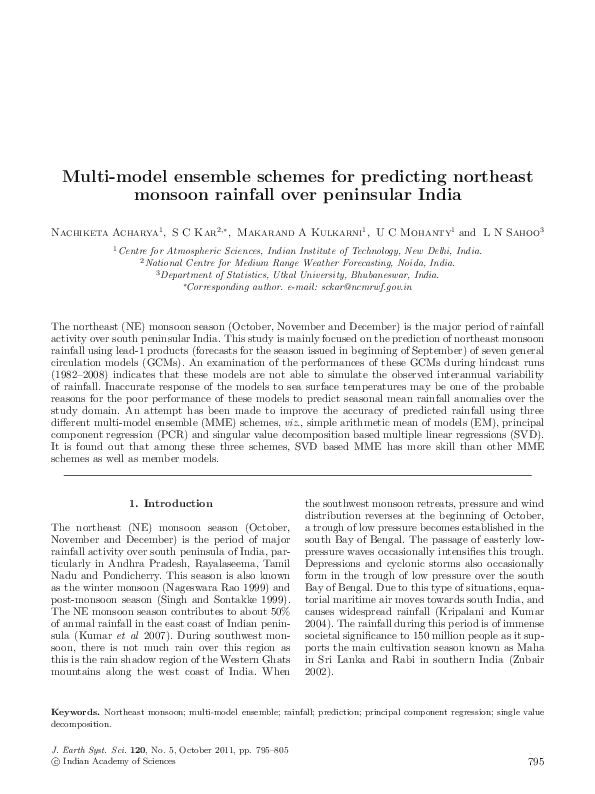 (PDF) Multi-model ensemble schemes for predicting northeast monsoon rainfall over peninsular India