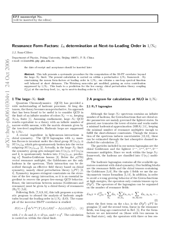 (PDF) Resonance Form-Factors: L8 determination at Next-to-Leading Order in 1/NC