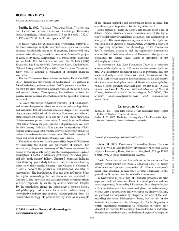 (PDF) Tasmanian Tiger—The Tragic Tale of How The World Lost Its Most ...