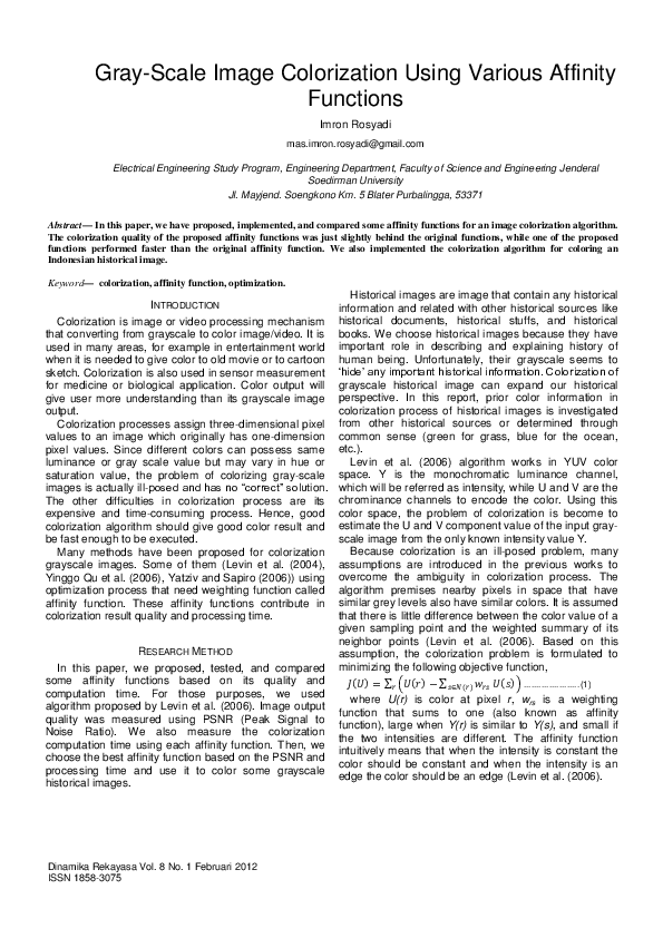 (PDF) Gray-Scale Image Colorization Using Various Affinity Functions