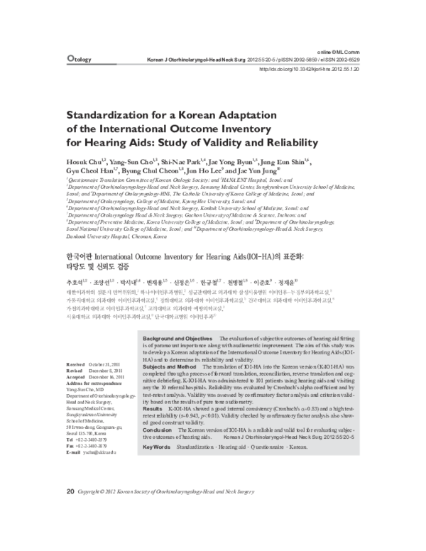 (PDF) Standardization for a Korean Adaptation of the International Outcome Inventory for Hearing ...