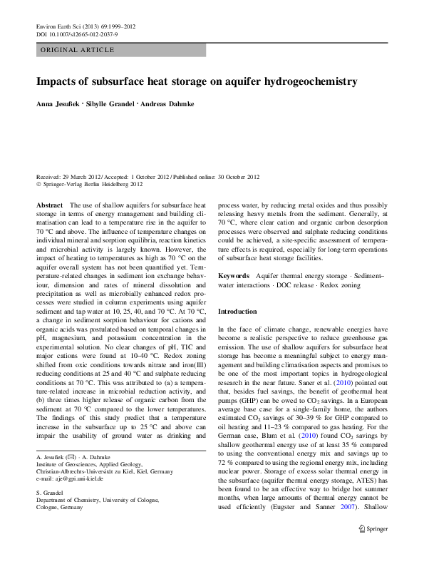 (PDF) Impacts of subsurface heat storage on aquifer hydrogeochemistry