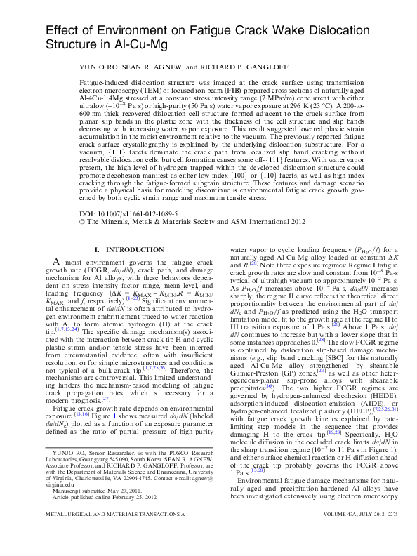(PDF) Effect of Environment on Fatigue Crack Wake Dislocation Structure ...
