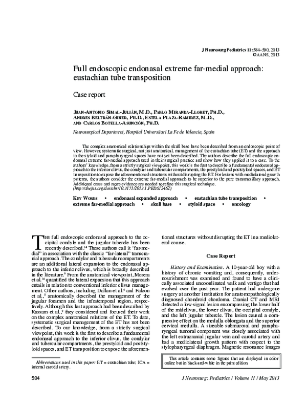 (PDF) Full endoscopic endonasal extreme far-medial approach: eustachian tube transposition