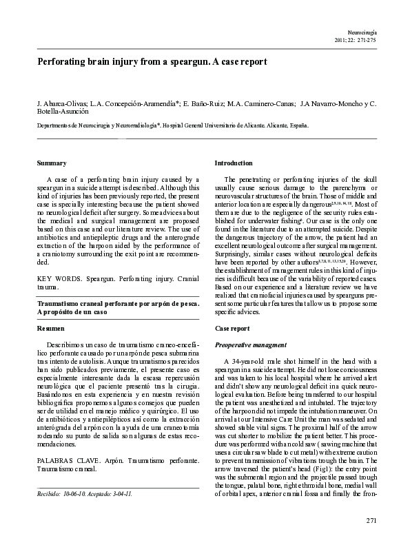 (PDF) Perforating brain injury from a speargun: A case report