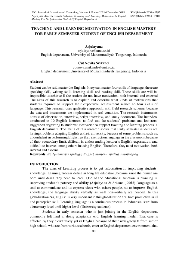 (PDF) Teaching and Learning Motivation in English Mastery for Early ...