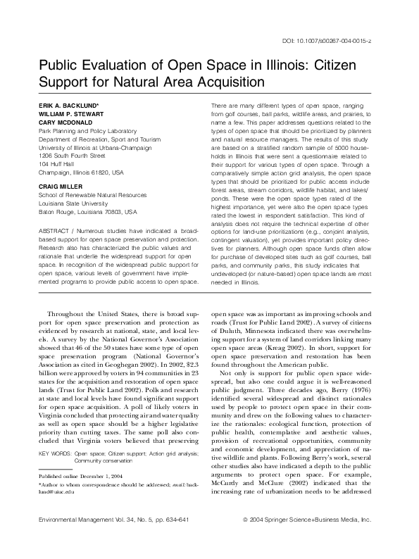 (PDF) Public Evaluation of Open Space in Illinois: Citizen Support for ...