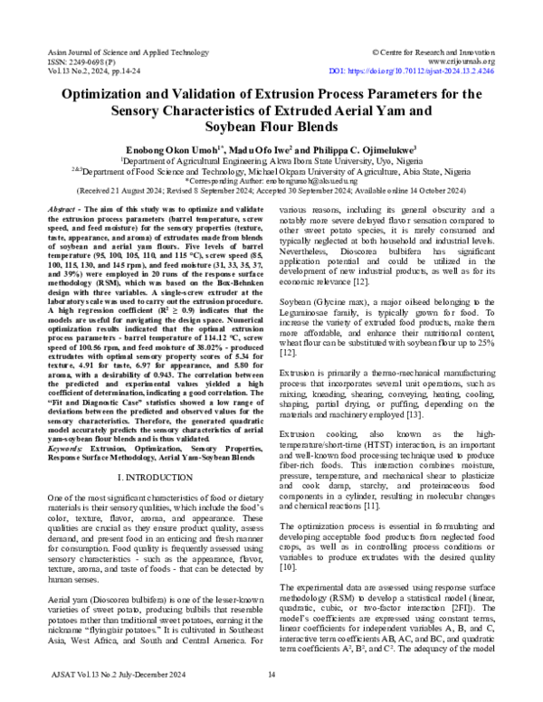 (PDF) Optimization and Validation of Extrusion Process Parameters for the Sensory ...