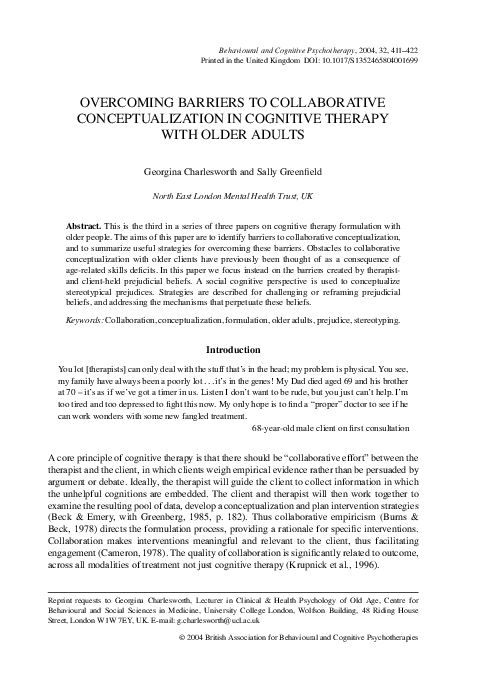 (PDF) Overcoming Barriers to Collaborative Conceptualization in Cognitive Therapy with Older Adults