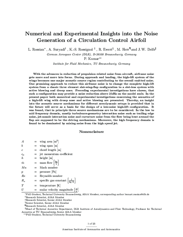 (PDF) Numerical and experimental insights into the noise generation of a circulation control airfoil
