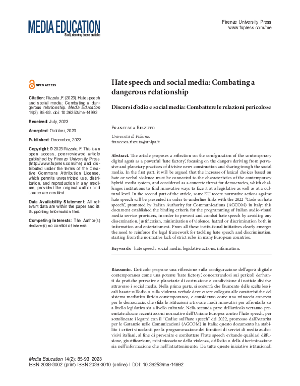 (PDF) Hate speech and social media: Combating a dangerous relationship