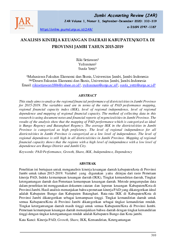 (PDF) Analisis Kinerja Keuangan Daerah Kabupaten/Kota DI Provinsi Jambi Tahun 2015-2019