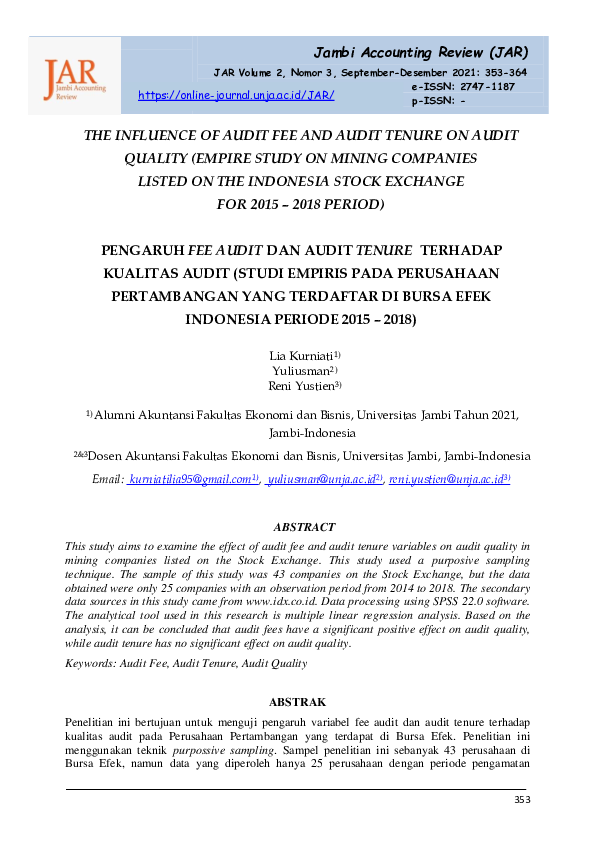 (PDF) Pengaruh Fee Audit Dan Audit Tenure Terhadap Kualitas Audit (Studi Empiris Pada Perusahaan ...