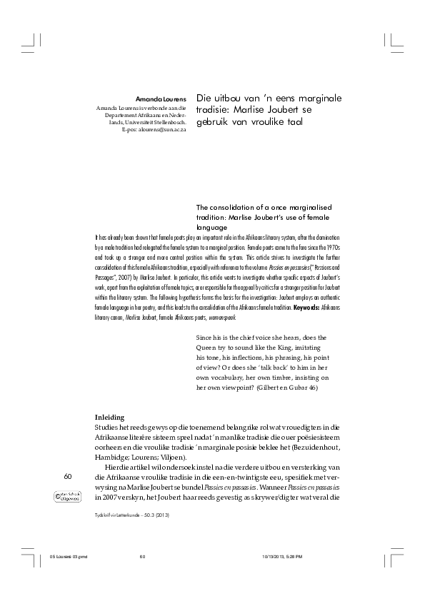 (PDF) Die uitbou van ’n eens marginale tradisie: Marlise Joubert se ...