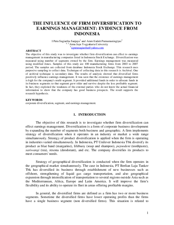 (PDF) The Influence of Firm Diversification to Earnings Management: Evidence from Indonesia