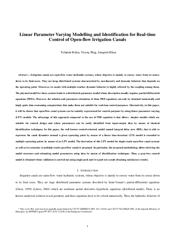 (PDF) Linear parameter varying modeling and identification for real-time control of open-flow ...