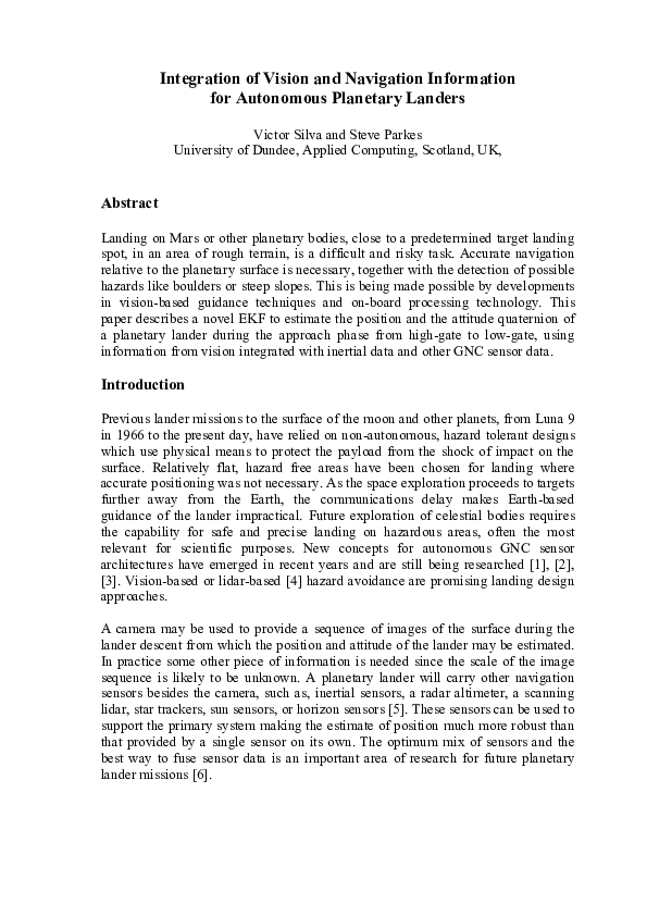 (PDF) Integration of Vision and Navigation Information for Autonomous Planetary Landers | Steve ...