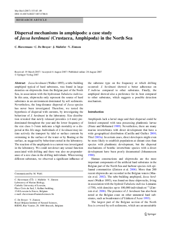 (PDF) Dispersal mechanisms in amphipods: a case study of Jassa herdmani (Crustacea, Amphipoda ...
