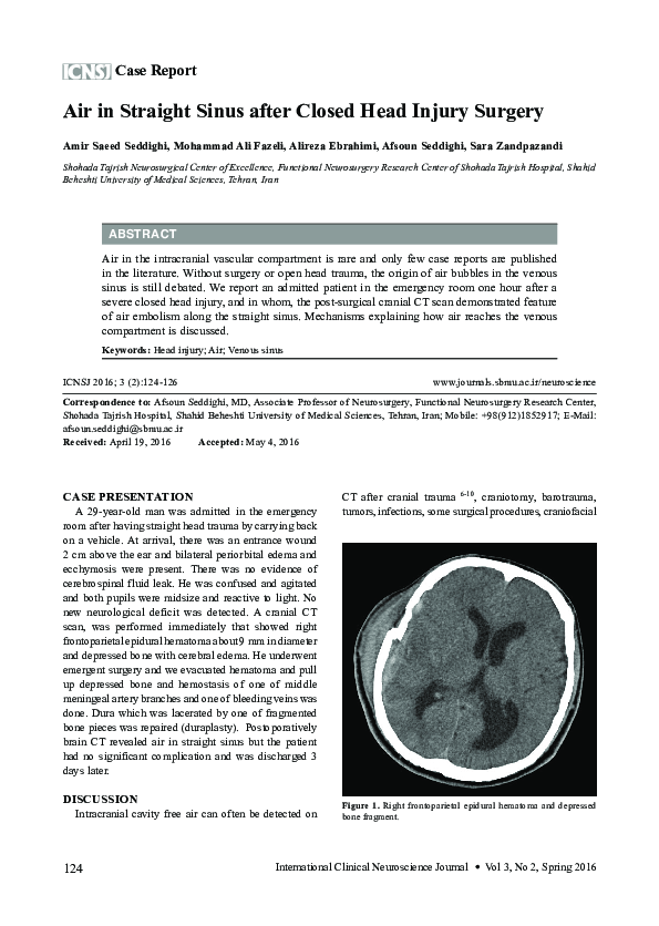 (PDF) Air in Straight Sinus after Closed Head Injury Surgery
